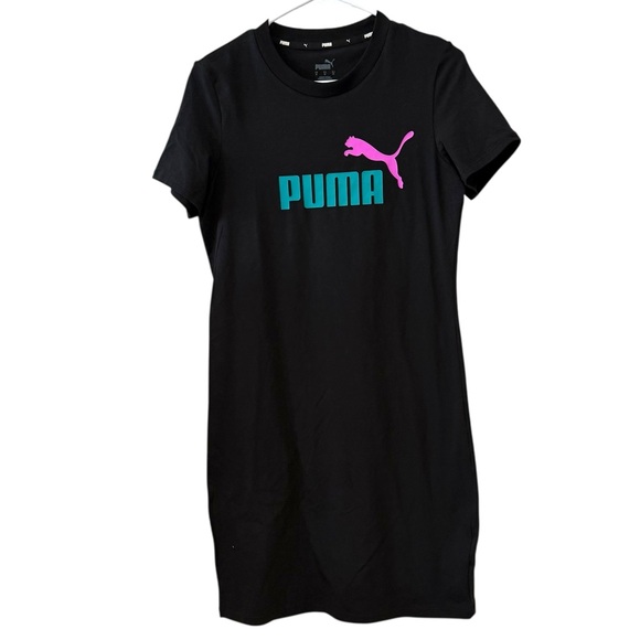 Puma | Dresses | Puma Black Tshirt Dress Pink Blue Logo Size Medium ...
